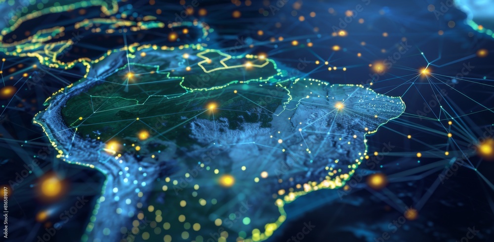 A digital map of South America with glowing connections between cities ...