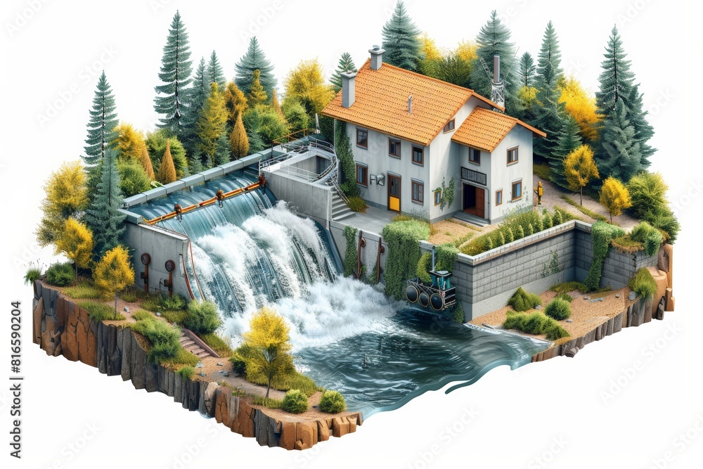 Detailed miniature model of hydropower plant with red roof in lush ...