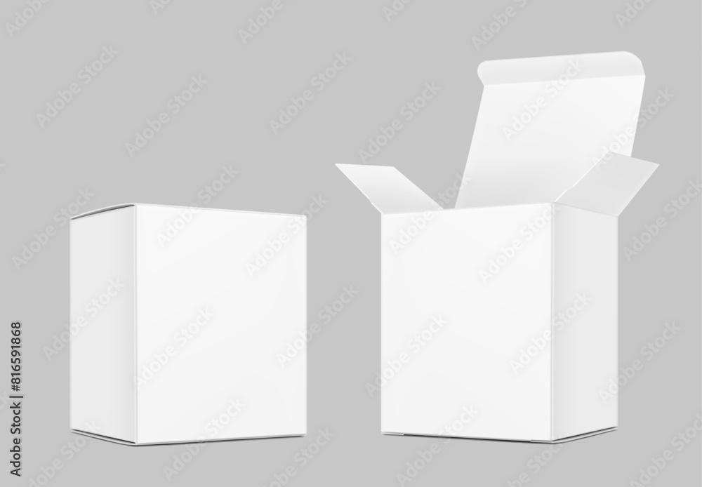Realistic closed and open cardboard box mockup. Vector illustration ...