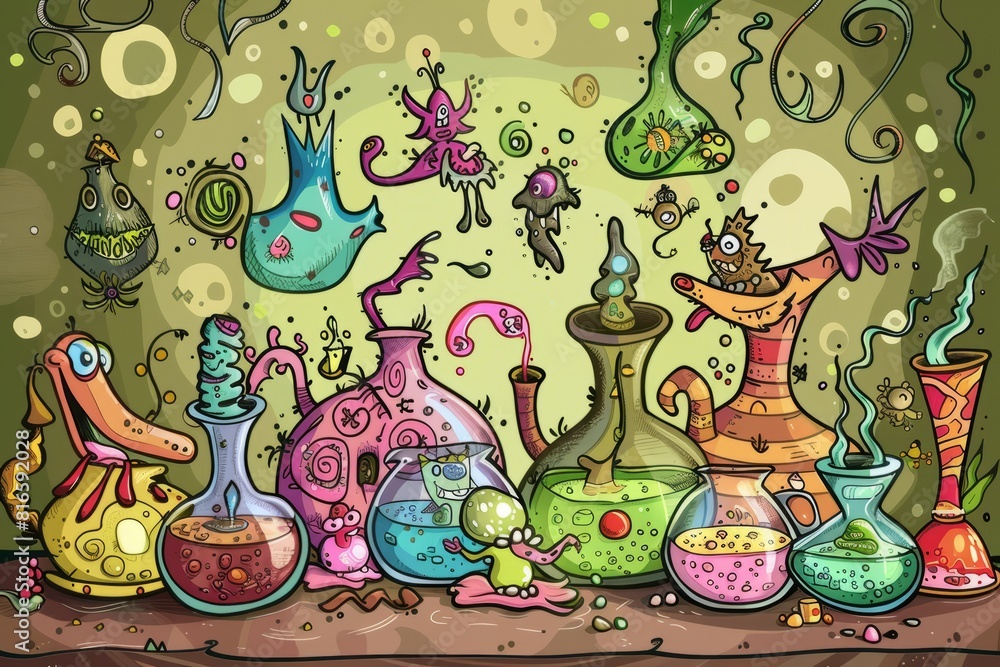Cartoon cute doodles of a whimsical potion-making contest among magical ...