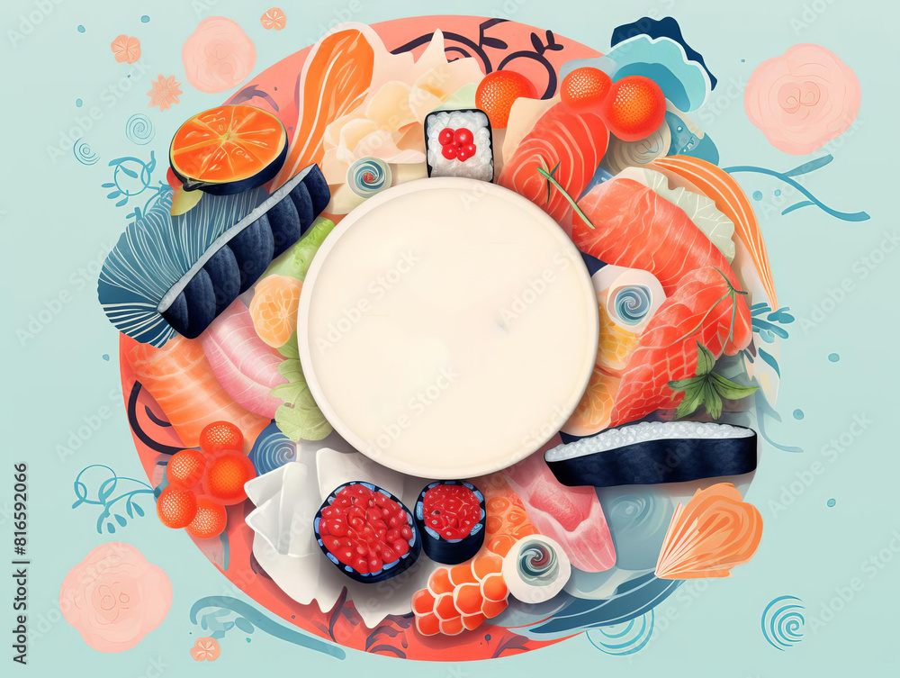 A variety of fresh seafood including fish, roe, squid, and shrimp are ...