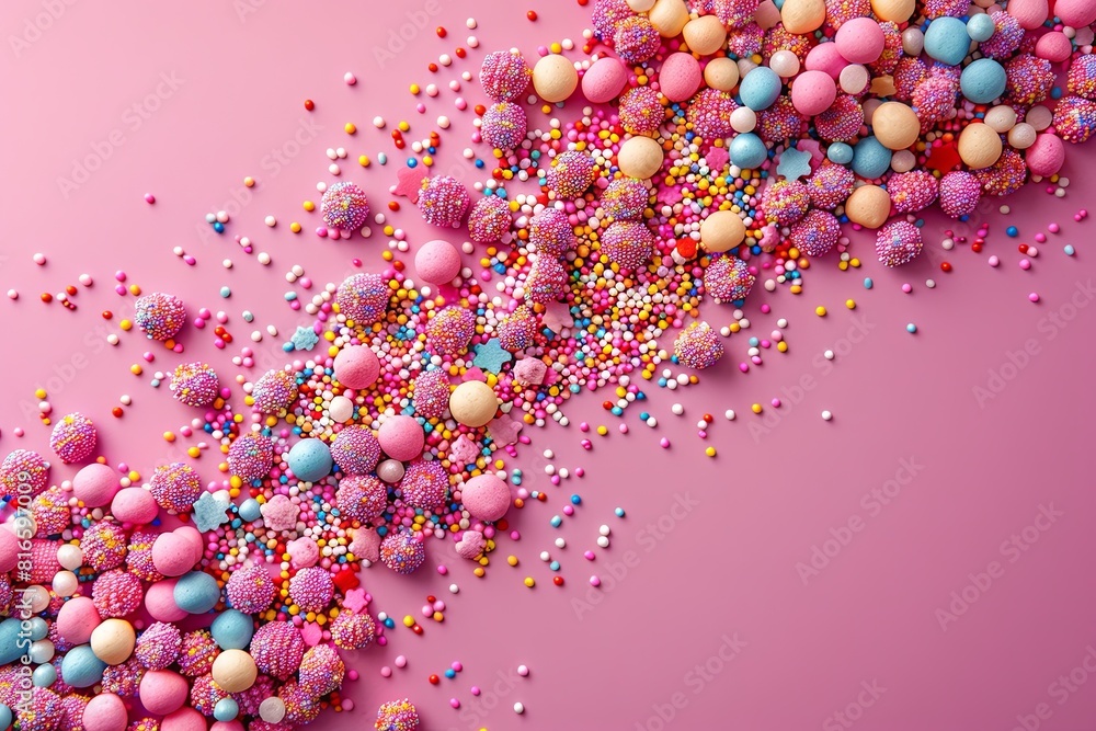 Colorful sprinkles on a pink background with space for copy. The ...