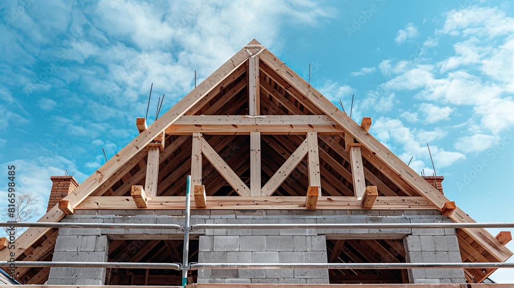 A wooden roof frame in a building being built, walls made of aerated ...