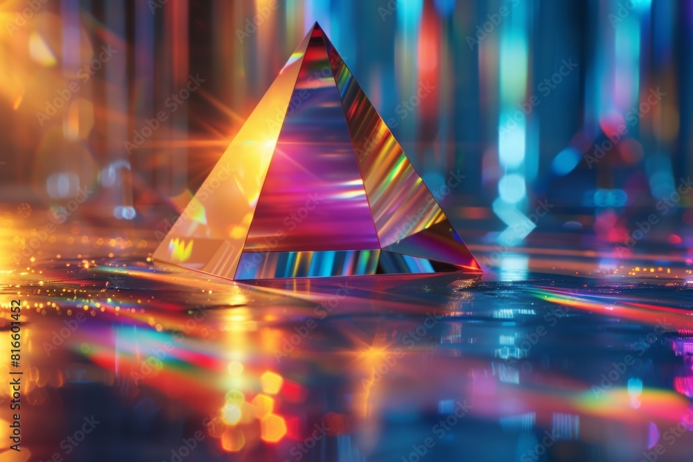 Prism on a reflective surface dispersing light into vibrant colors ...