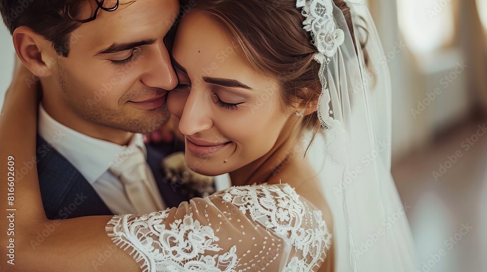 The bride and groom hug each other inside. The stunning bride wears a ...