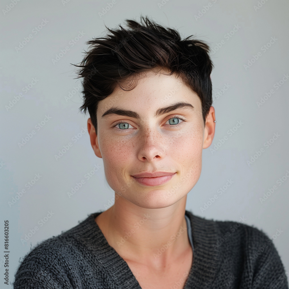 Head and shoulders professional portrait of a good looking androgynous ...