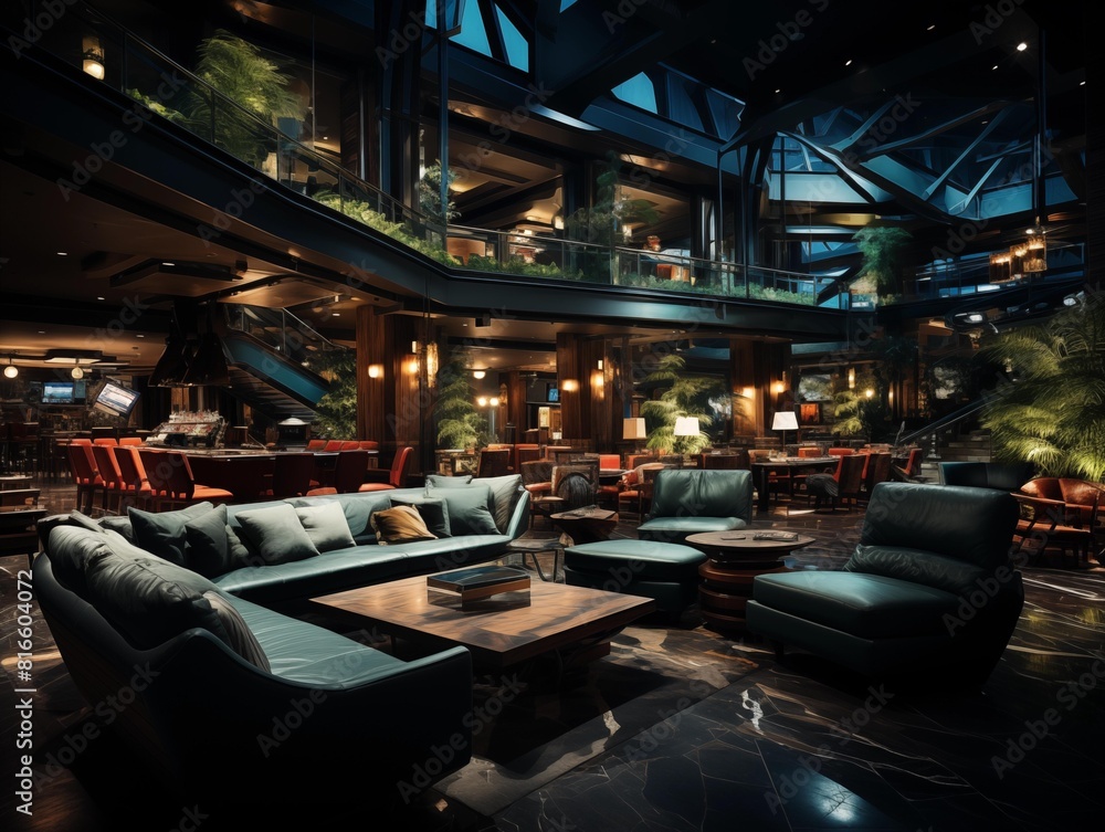 Guests relax in a luxurious hotel lobby at night Stock Photo | Adobe Stock