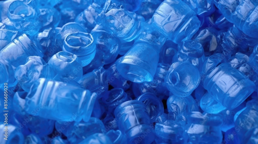 Pile of crushed plastic bottles in blue tones. Piles of water bottles ...