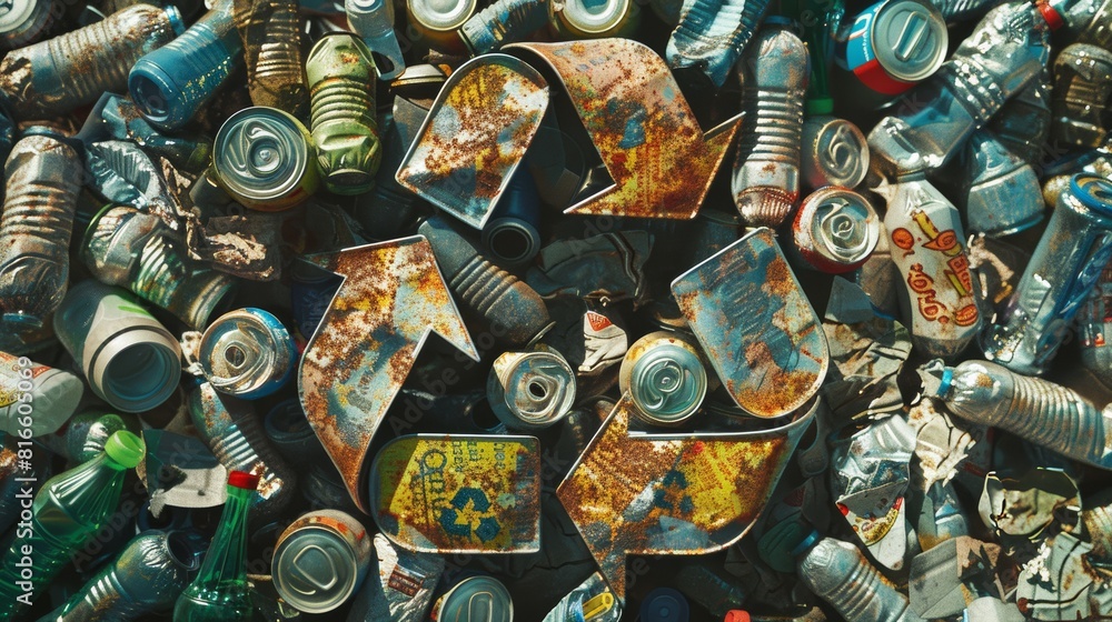 An upcycled recycling symbol constructed from plastic bottles and metal ...