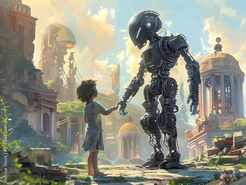 a human child, a woman, and a robot stand together, their gazes locked ...