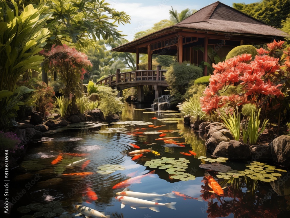 Koi Fish Gracefully Swim in a Serene Japanese Garden Pond at Noon Stock ...