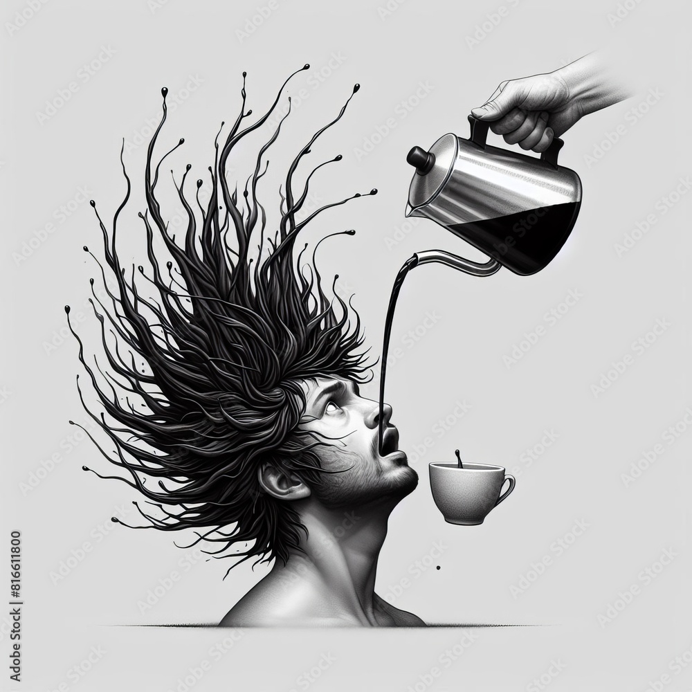 Surreal black and white sketch of a man's coffee-infused thoughts ...