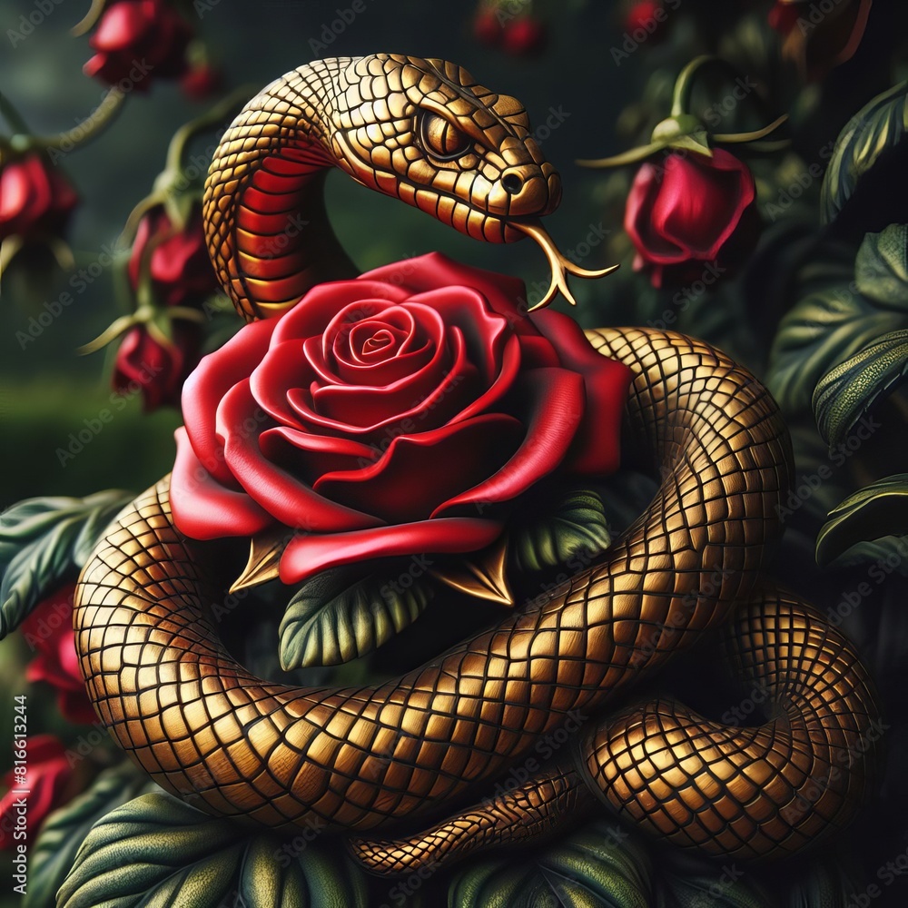 A detailed illustration depicts a golden serpent coiled tightly around ...