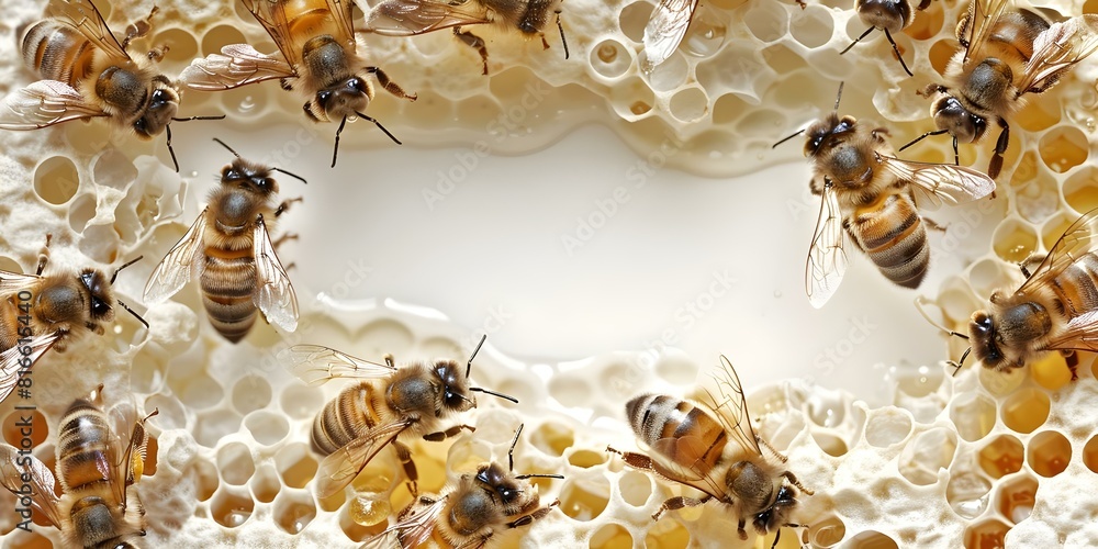 Honey bee collecting nectar and storing honey in beehive frame against ...