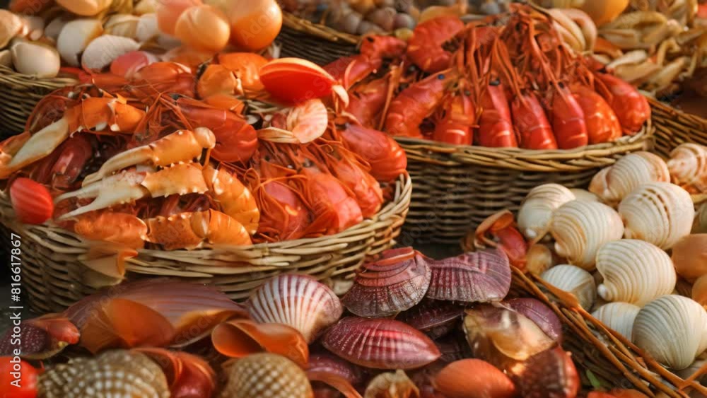 Multiple baskets brimming with a diverse collection of shells of ...