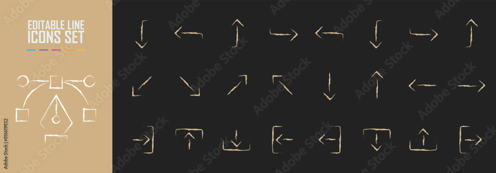 Wayfinding system direction arrow linear modern icon set. Way finding entrance and exit outline ...