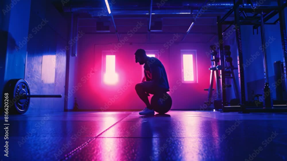 A man squatting on a gym floor under red and blue lights, A bright gym ...
