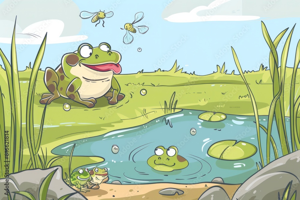 Cartoon cute doodles of a grandpa frog sitting by a pond, teaching ...