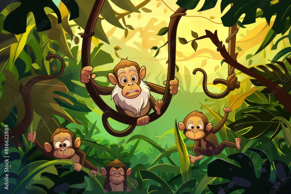 Cartoon cute doodles of a grandpa monkey swinging from vines with his ...