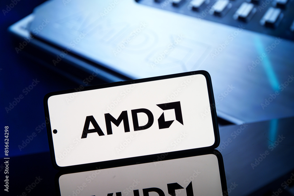 AMD company logo shown on phone screen. Advanced Micro Devices Stock ...