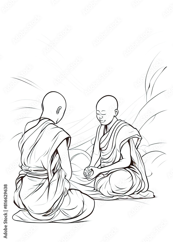 Line art Buddhist monk Meditatio.n Hand drawing style. Outline. Stock ...