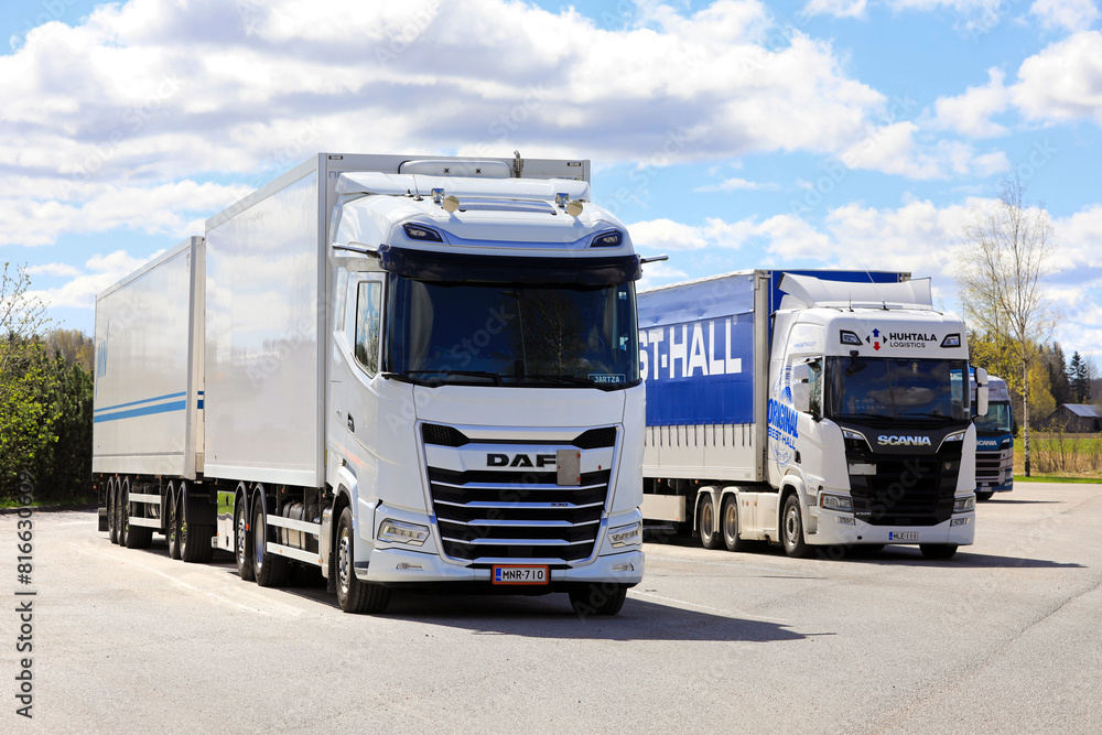 New, white DAF XG 530 truck double trailer and new Scania semi trucks ...