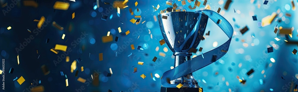 gold gaming trophy on a table with blue confetti championship cup or ...