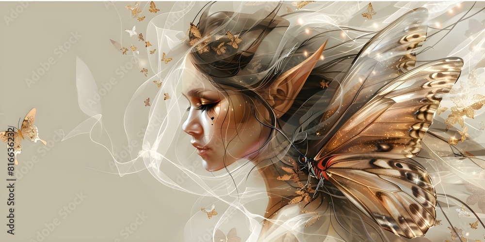 Digital art illustration of a fantasy elf queen with butterfly wings ...