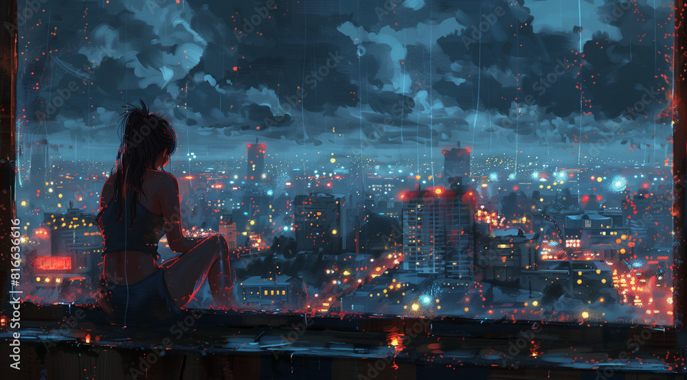 Lonely anime girl looking at the city at night, sad rainy night, moody ...