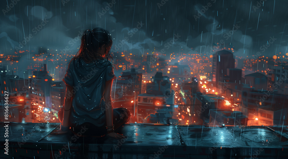 Lonely anime girl looking at the city at night, sad rainy night, moody ...