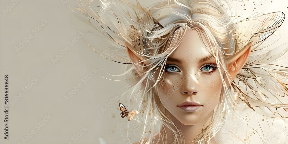 Digital art illustration of a fantasy elf queen with butterfly wings ...