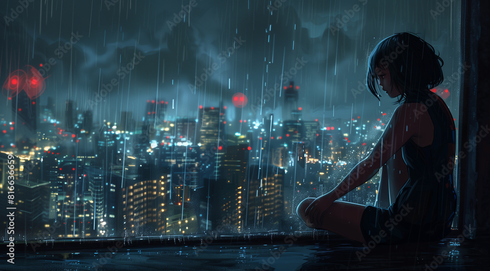 Lonely anime girl looking at the city at night, sad rainy night, moody ...