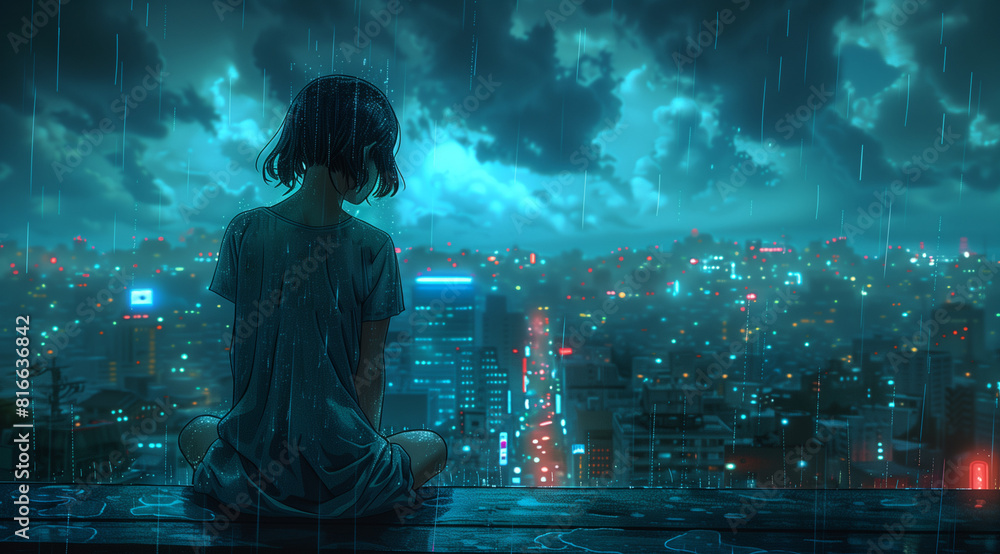 Lonely Anime Girl Looking At The City At Night Sad Rainy Night Moody Atmospheric Lofi Girl
