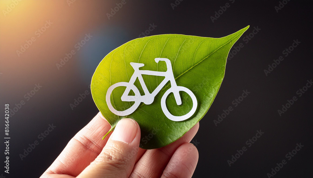 Green leaf in mans hand. White bicycle on the leaf. Ecology concept. No ...