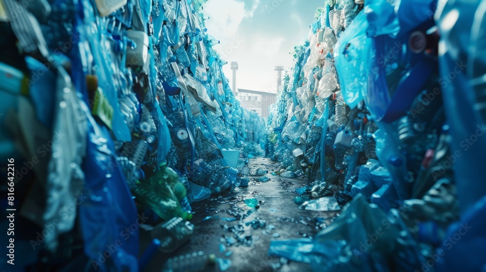 Plastic trash in blue color. The problem of ecology, waste recycling ...