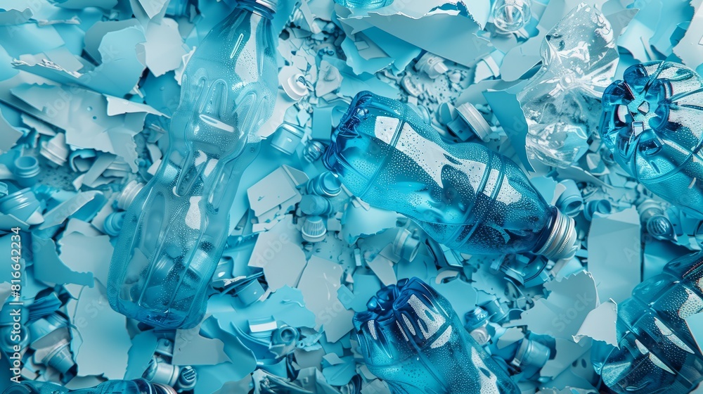 Plastic bottles trash on the background top view in blue color. The ...