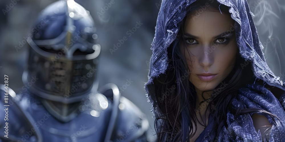 Fantasy dark elf woman in hooded attire approaches armored warrior ...