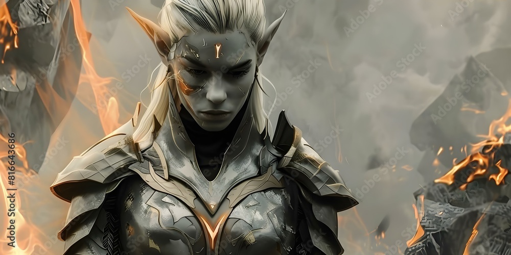 Imaginative concept of a strong heavily armored dark elf female warrior ...