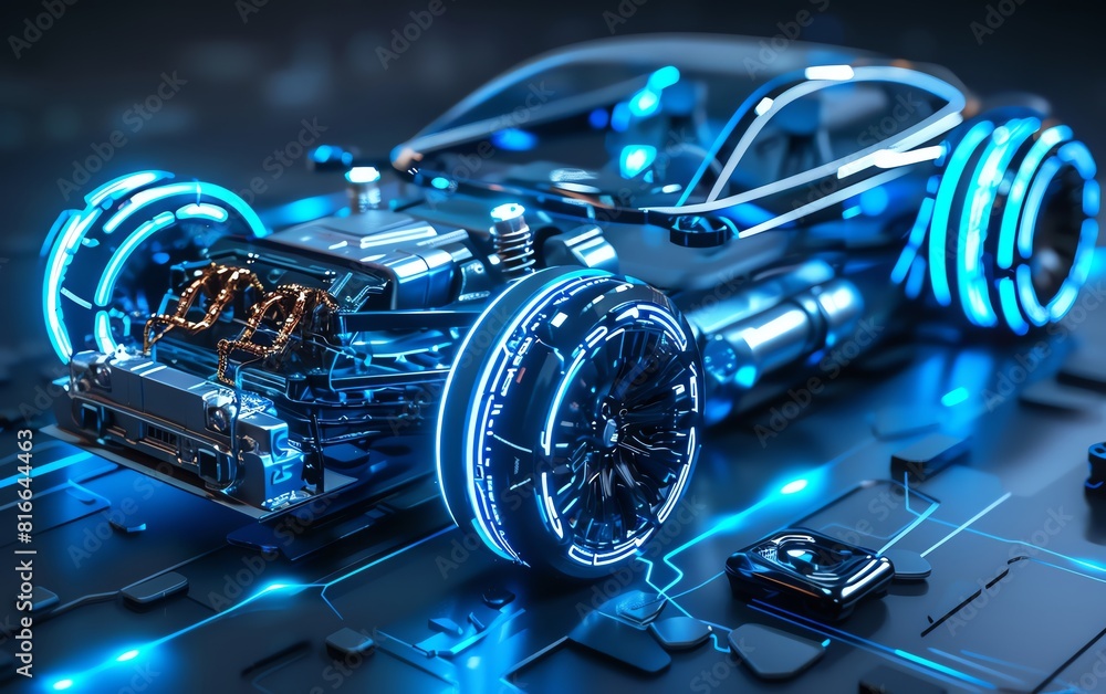 Closeup of a sleek, modular electric vehicle chassis, highlighting the ...