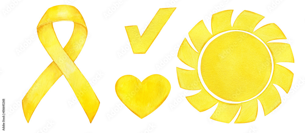Watercolor set of yellow sun, ribbon, heart and check mark. Symbols of ...