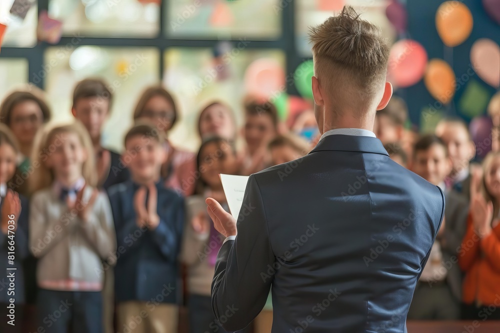 Teacher receiving an award in a school assembly, students clapping in ...