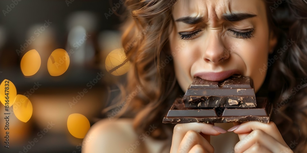 Woman struggling to resist temptation as she looks longingly at a ...