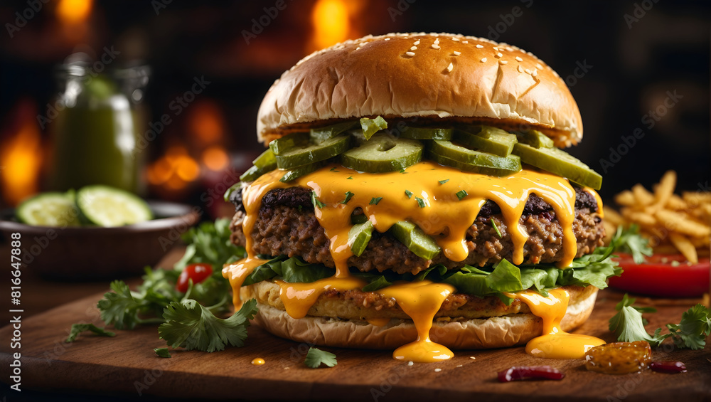 A delicious sizzling hatch chile smash burger with a juicy patty and ...