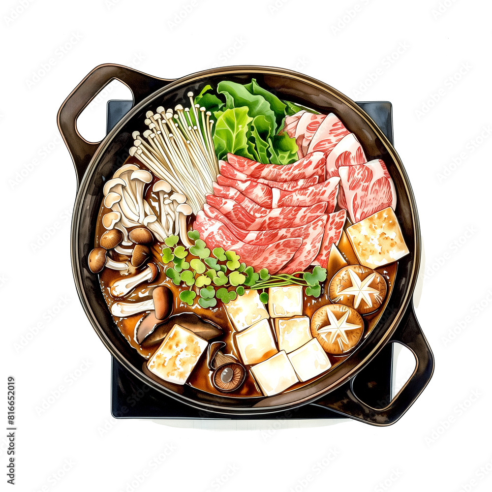 Watercolor illustration of sukiyaki with wagyu beef, a typical Japanese ...