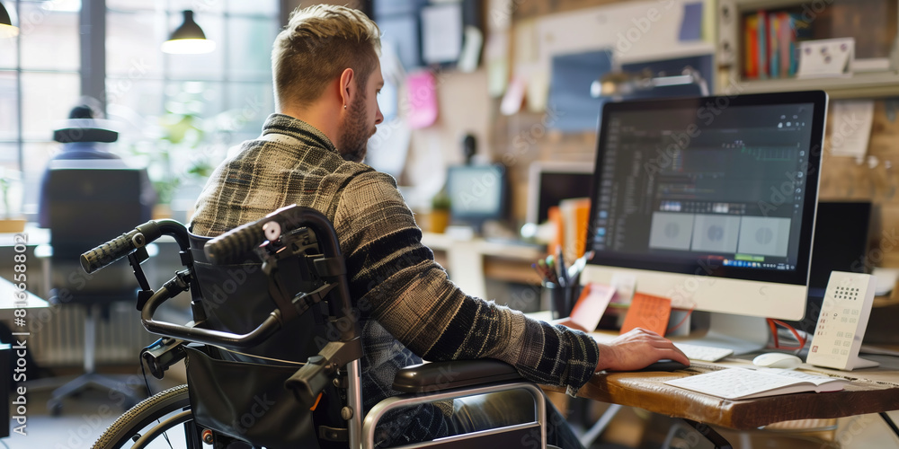 Disabled person using wheelchair in office environment. Man with ...