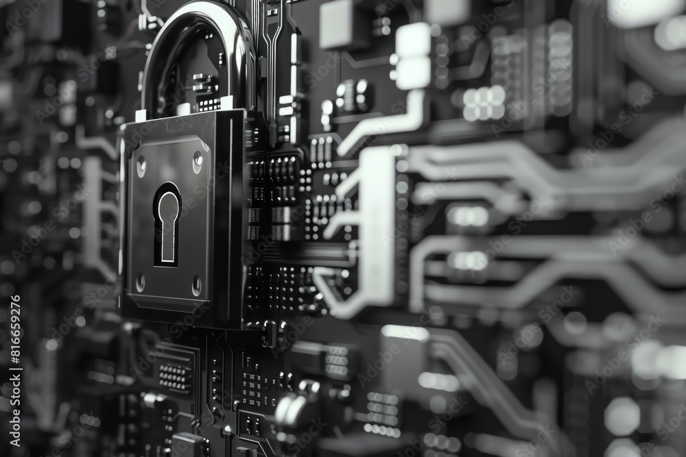 Encryption hardware front view close up of a padlock integrated into a ...