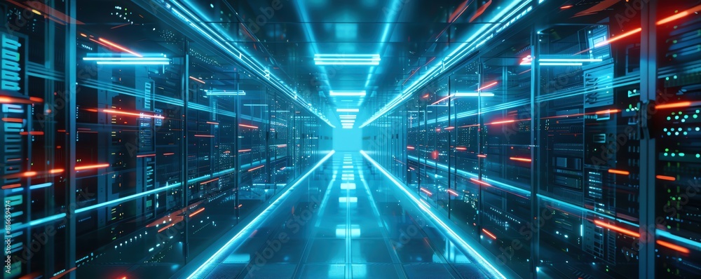 Network operations center front view close up of the central aisle in a ...