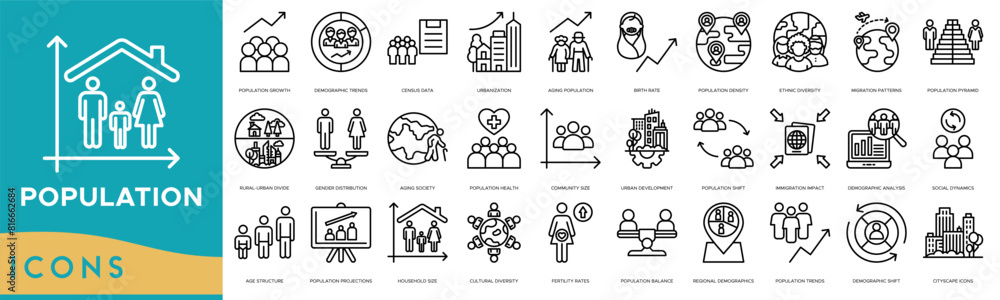 Population icon set. Population Growth, Demographic Trends, Census Data ...