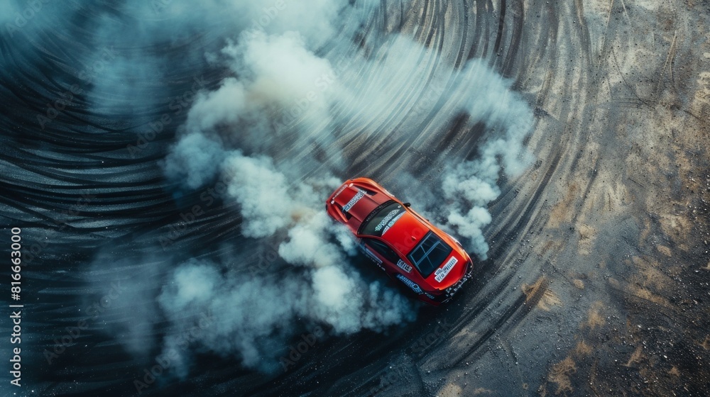 Aerial top view professional driver drifting car on asphalt road track ...