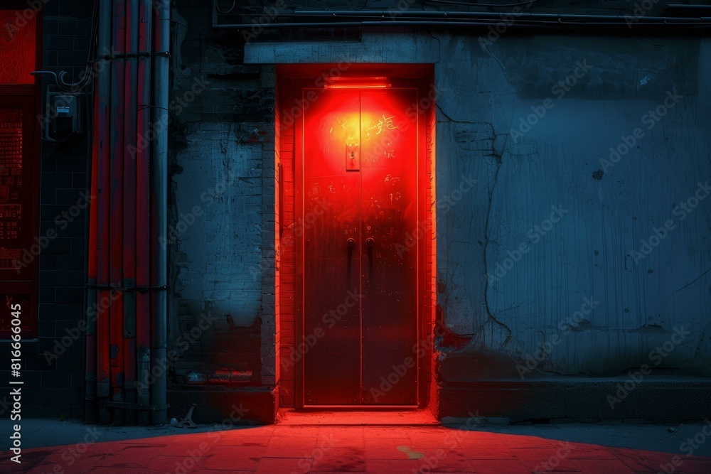 Illuminated red door in dark alleyway, emitting an eerie glow under the ...